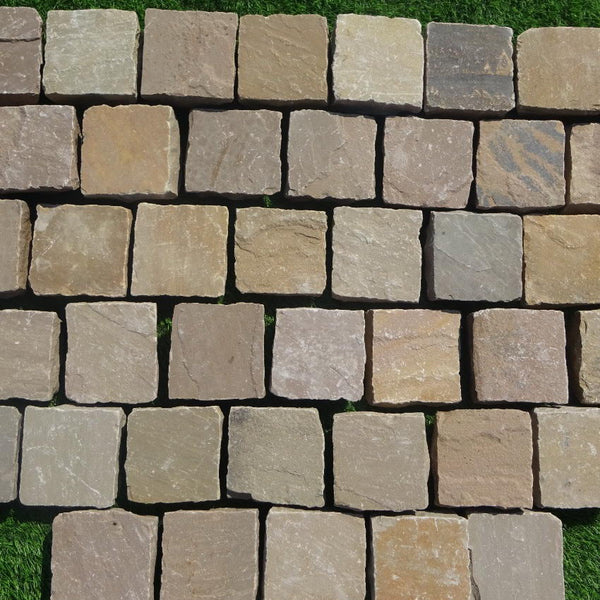 Raj Green Indian Sandstone Setts & Cobbles 100x100x50 | Stone Paving Direct